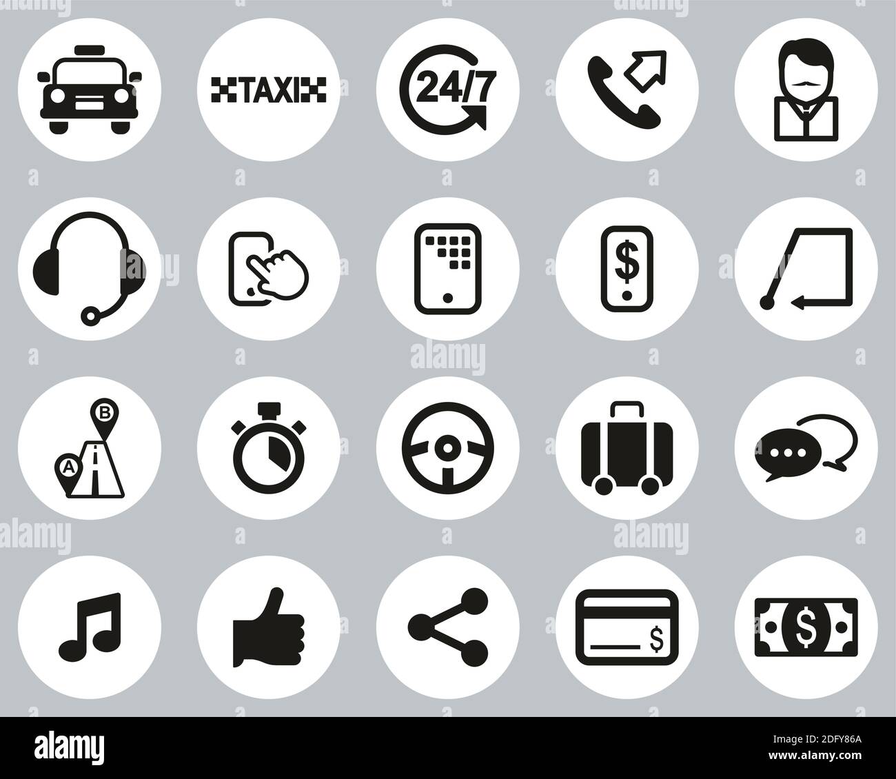 Taxi Or Taxi Service Icons Black & White Flat Design Circle Set Big ...