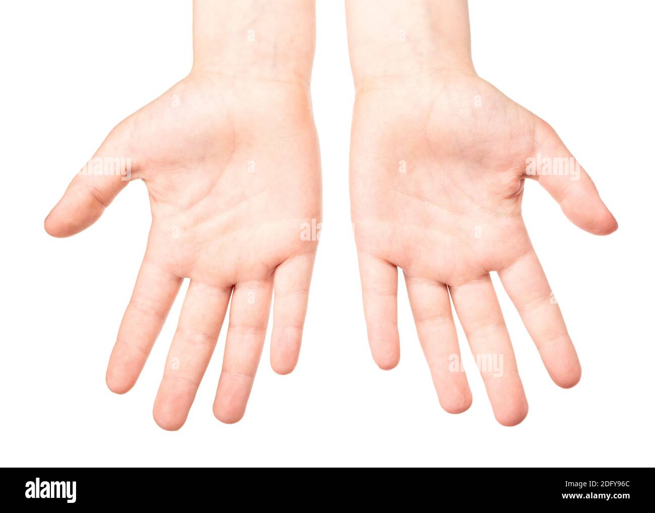 Child showing clean hands with palms up to mother after washing - basic ...