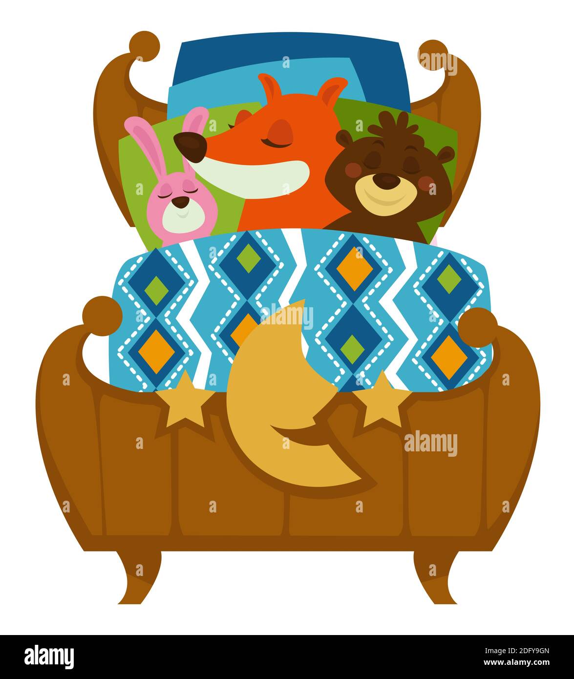 Animals sleeping in bed, fox and rabbit with bear Stock Vector Image ...