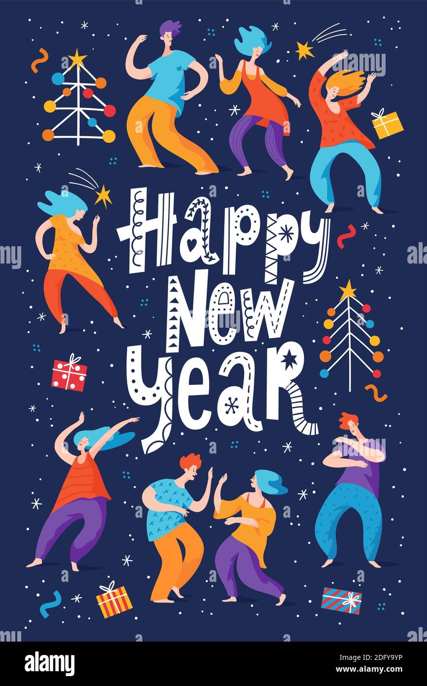 Happy New Year poster with dancing people on party Stock Vector Image ...