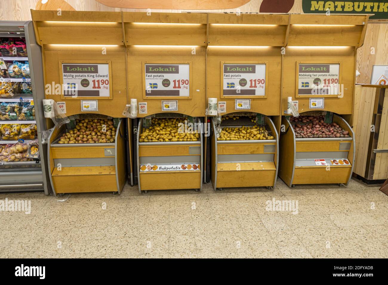 Close up view of interior view of famous ICA supermarket. Stands of ...