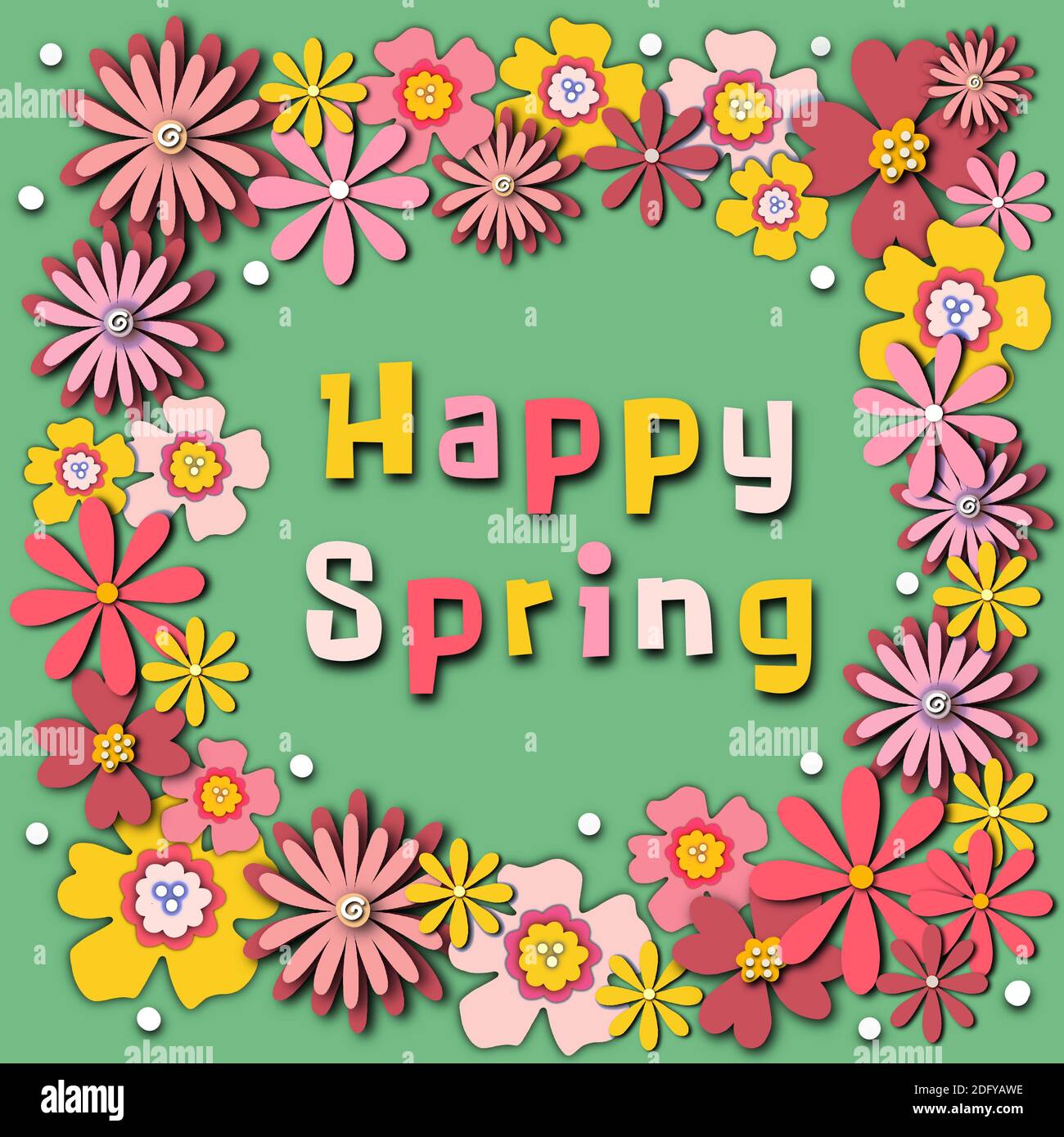Happy Spring Paper flower frame greeting card template. Square ...