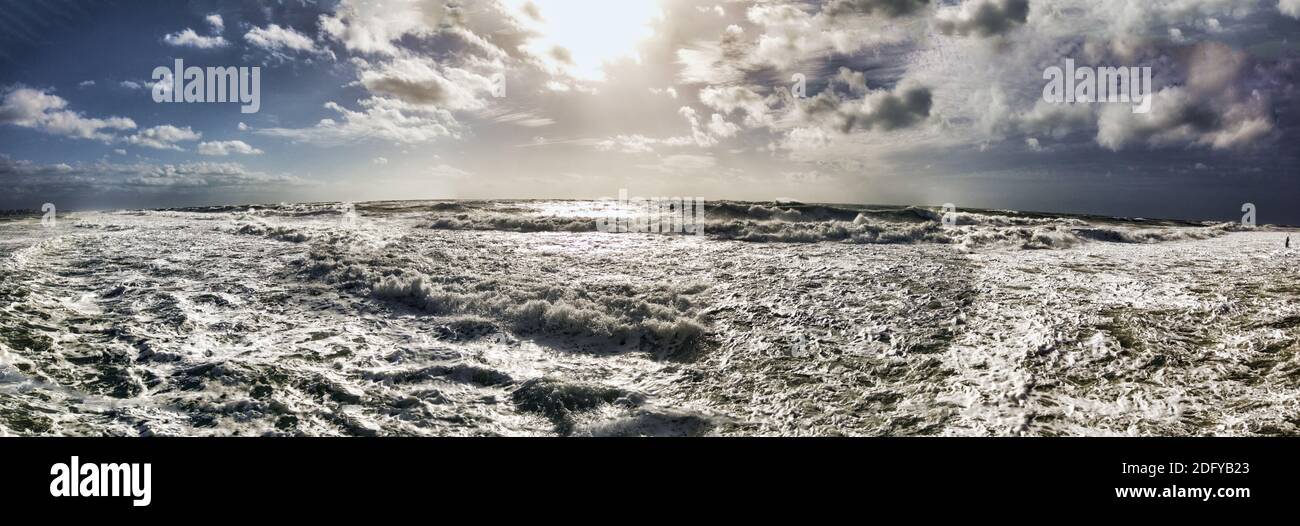 Dramatic sky and prohibitive weather panorama over rough sea with many ...