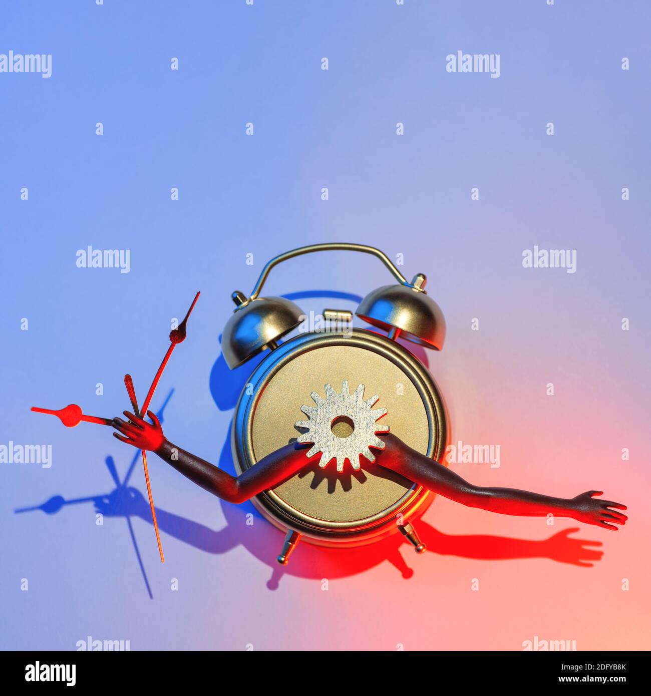 Surreal and futuristic alarm clock with hands, gear and arrows, new ...