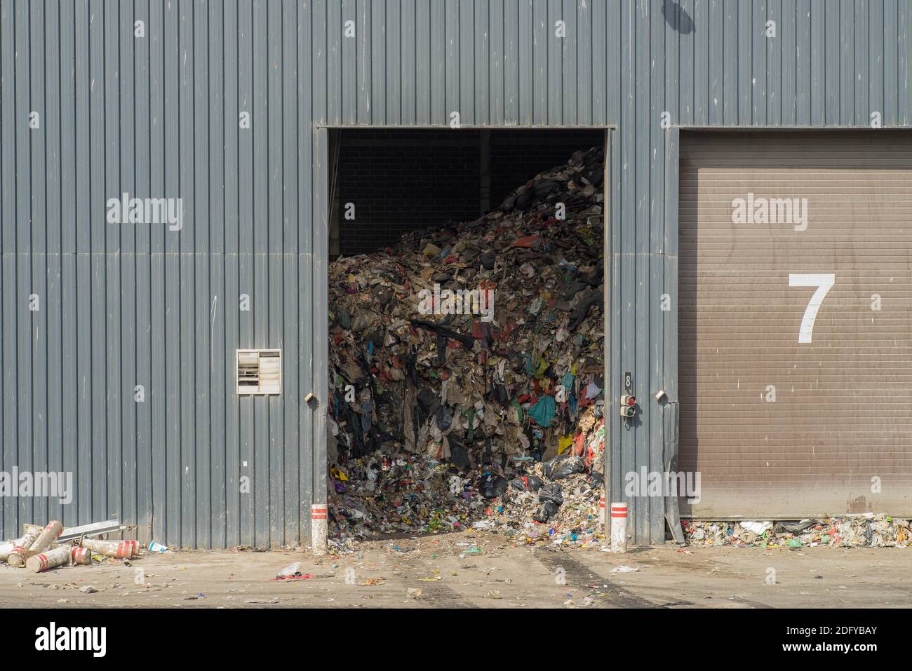 Gates of huge industrial garbage warehouse. Waste sorting. Preparation ...