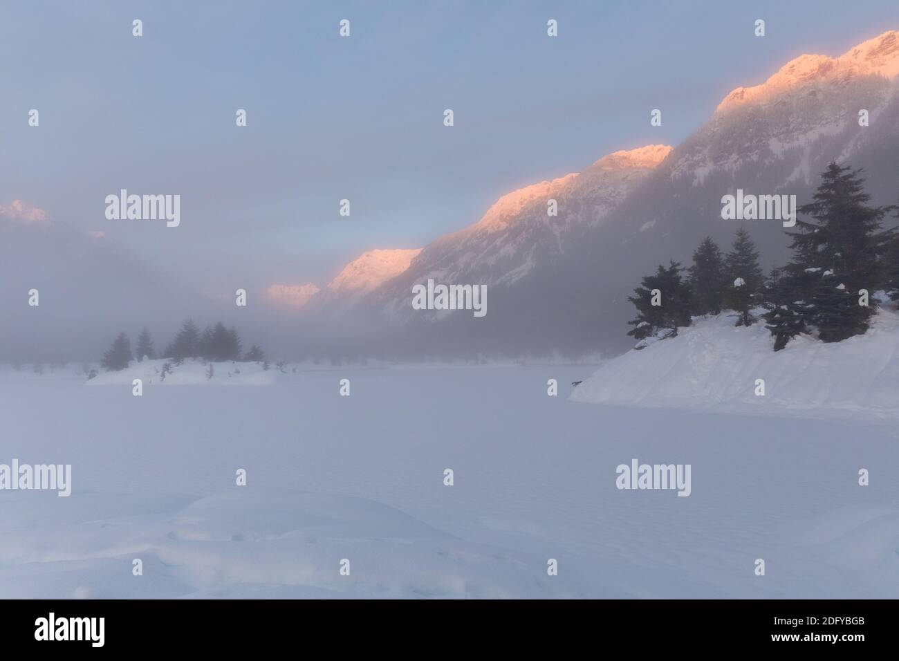 The blue hour captured at frozen Gold Creek Pond in Washington Stock ...