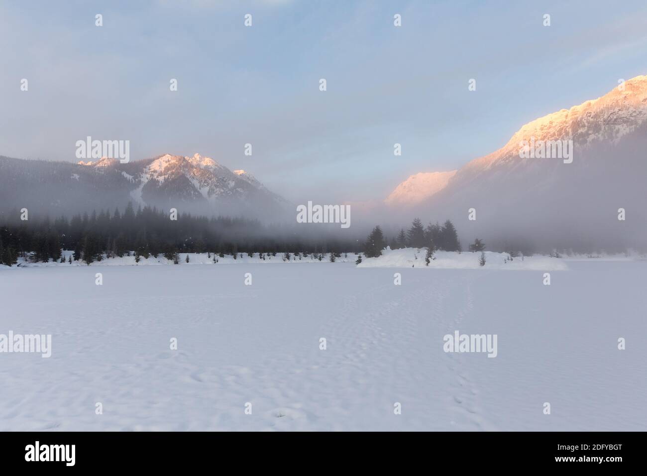 The blue hour captured at frozen Gold Creek Pond in Washington Stock ...