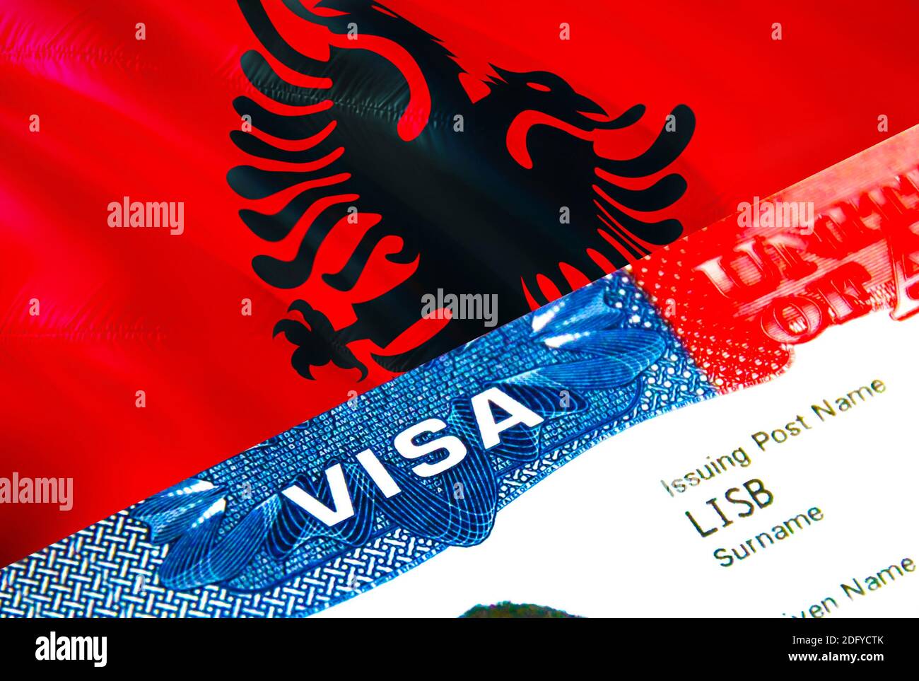 Albania immigration visa. Closeup Visa to Albania focusing on word VISA ...