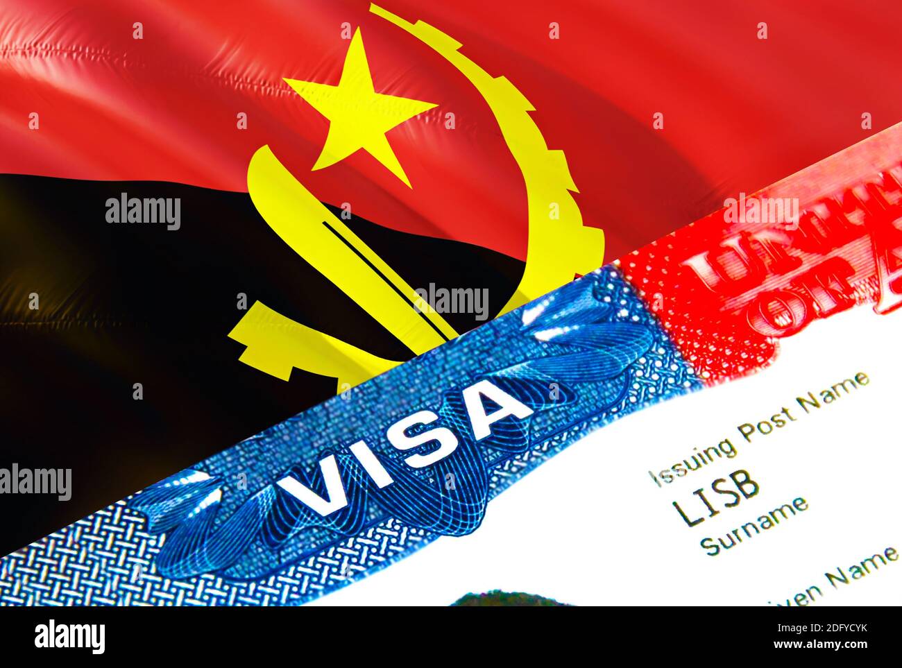 Angola immigration visa. Closeup Visa to Angola focusing on word VISA ...