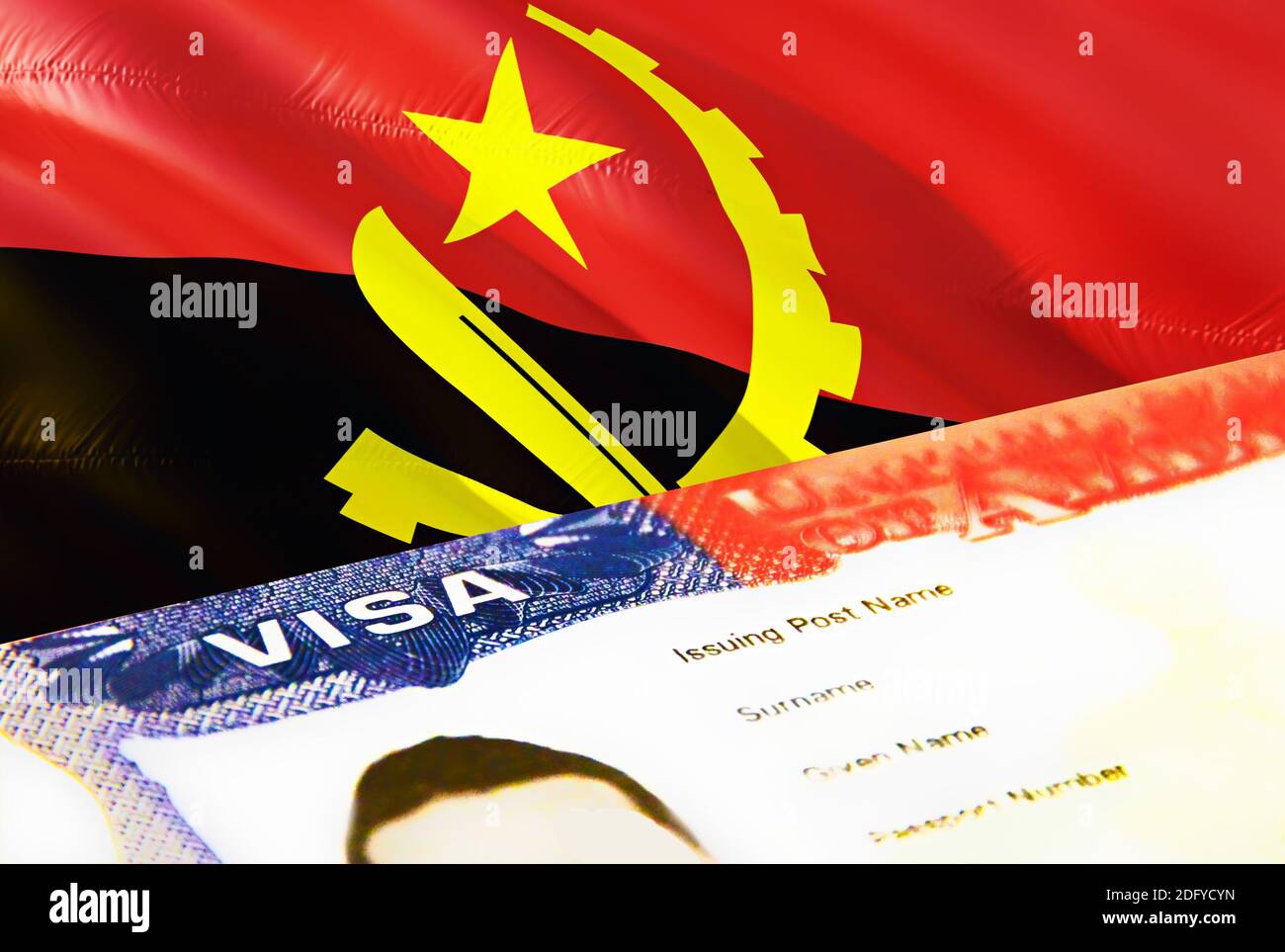 Angola immigration document close up. Passport visa on Angola flag ...