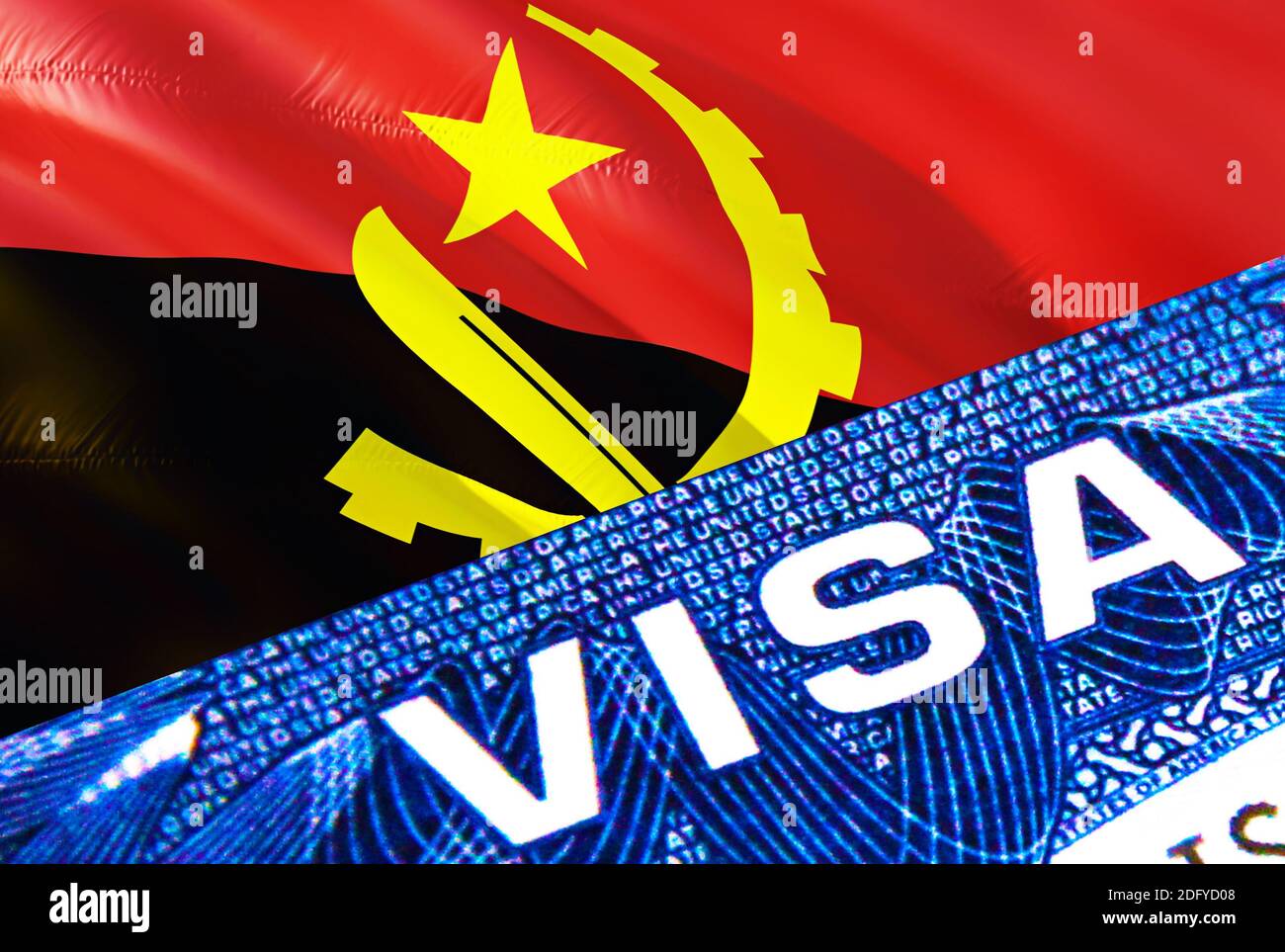 Angola visa document close up. Passport visa on Angola flag. Angola ...