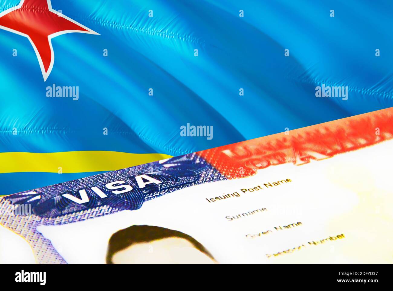 Aruba immigration document close up. Passport visa on Aruba flag. Aruba ...