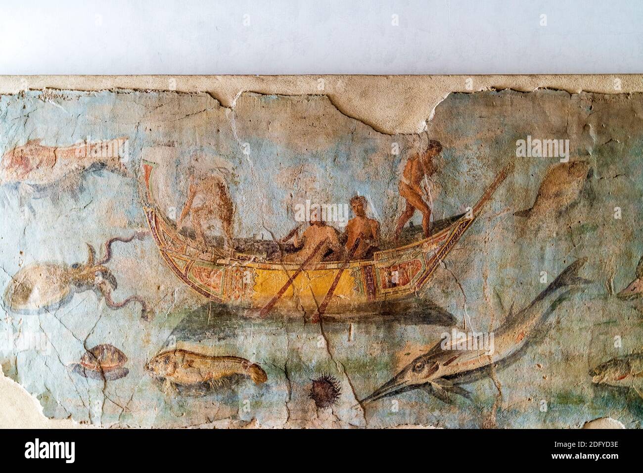 2nd century fresco showing marine life. A boat being rowed across the ...