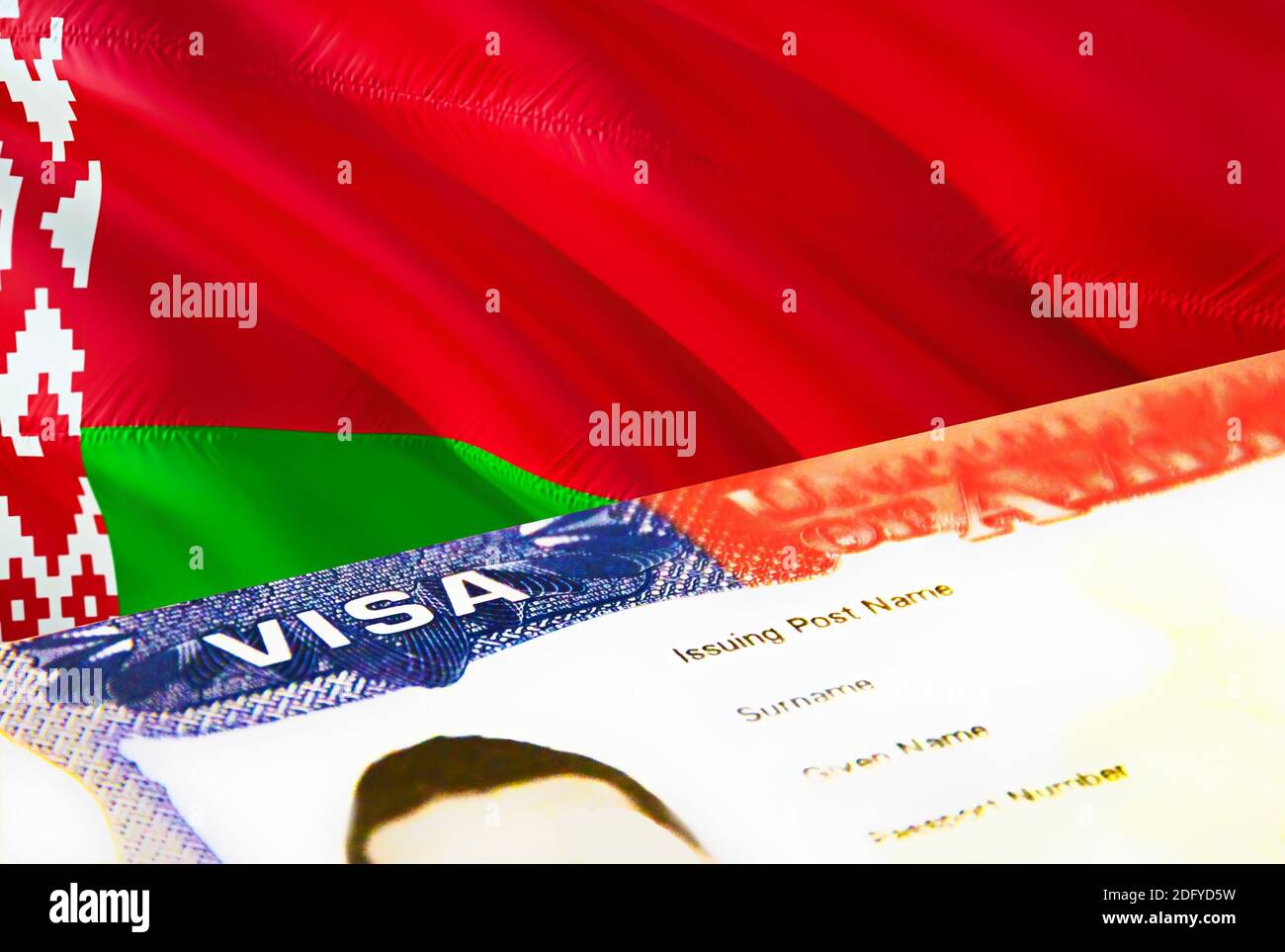 Belarus immigration document close up. Passport visa on Belarus flag ...