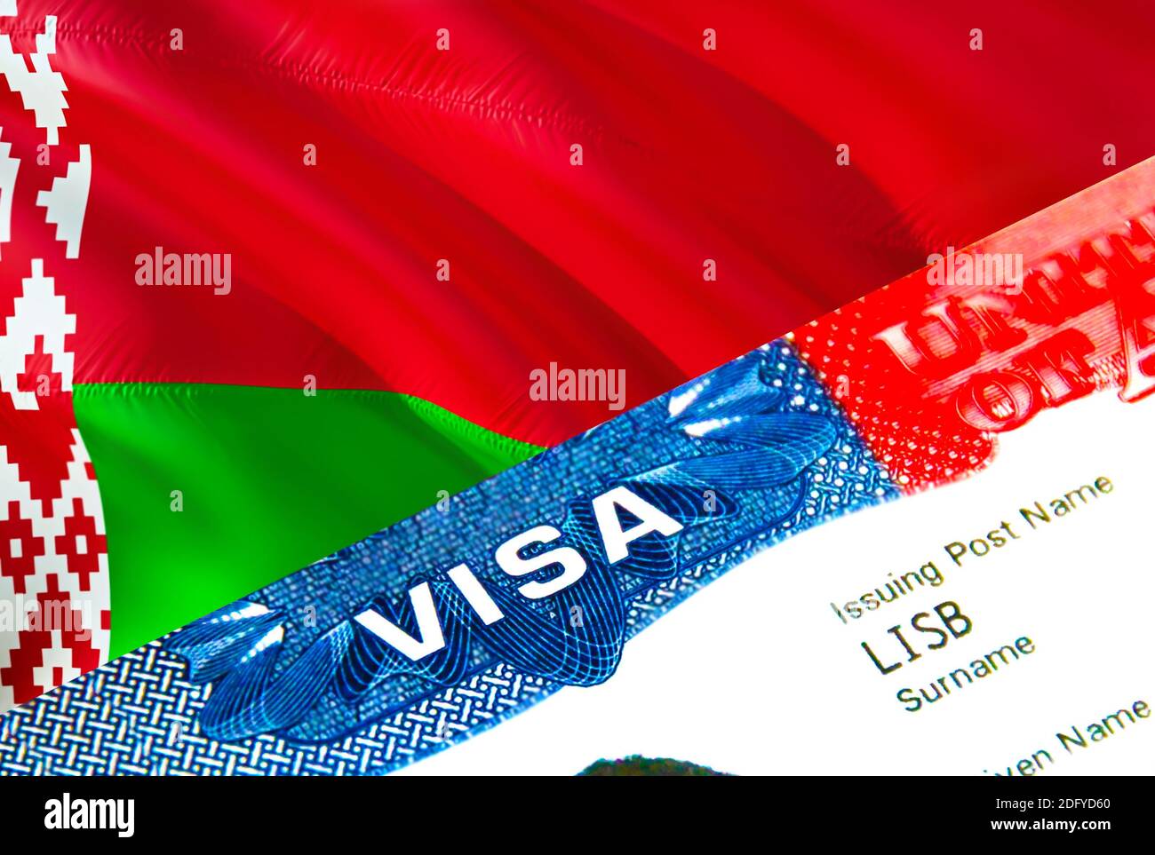 Belarus immigration visa. Closeup Visa to Belarus focusing on word VISA ...