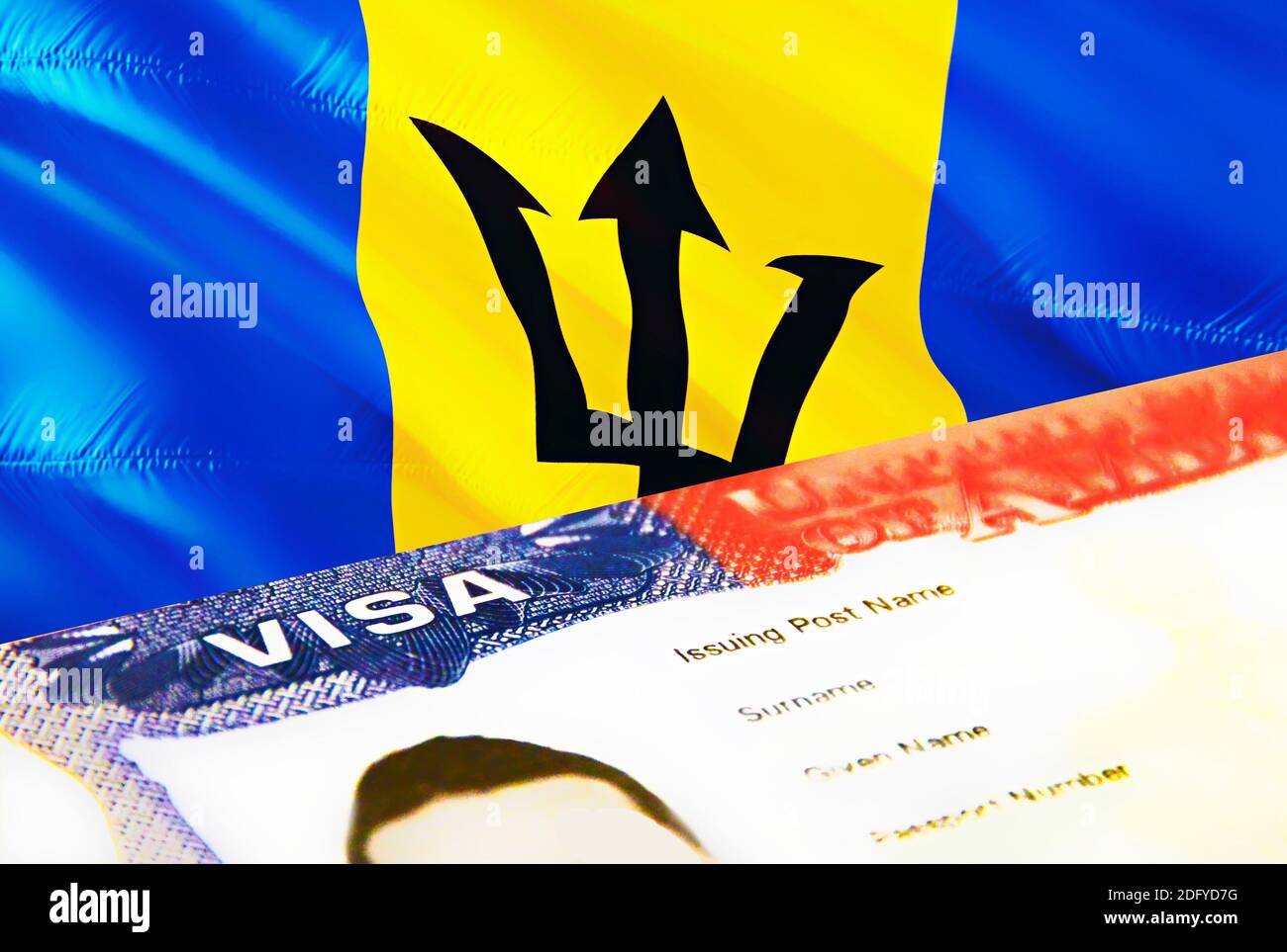 Barbados immigration document close up. Passport visa on Barbados flag ...