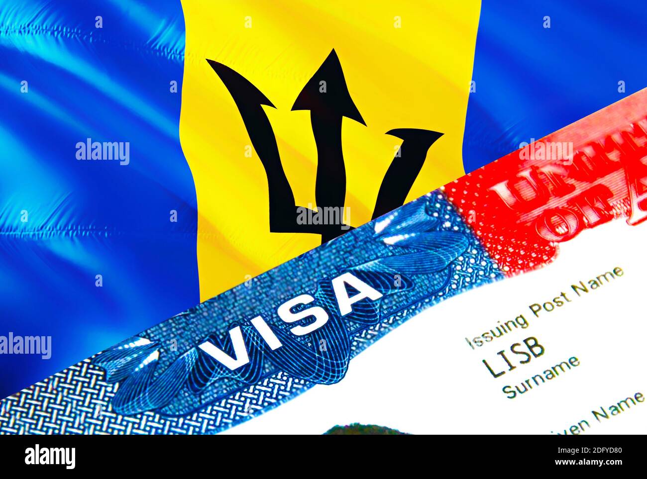 Barbados immigration visa. Closeup Visa to Barbados focusing on word ...