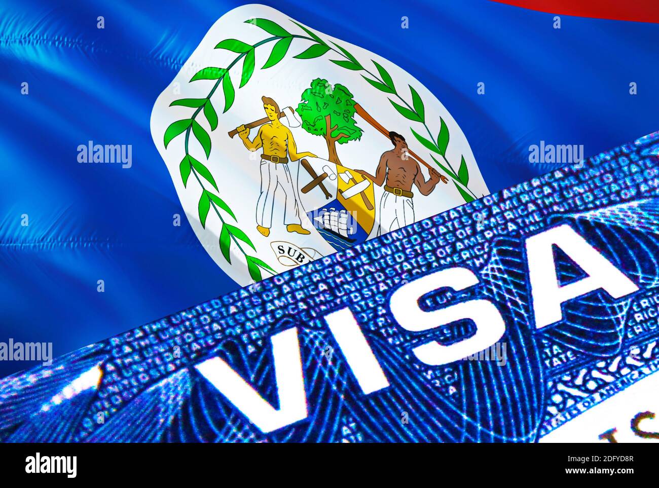 Belize visa document close up. Passport visa on Belize flag. Belize ...