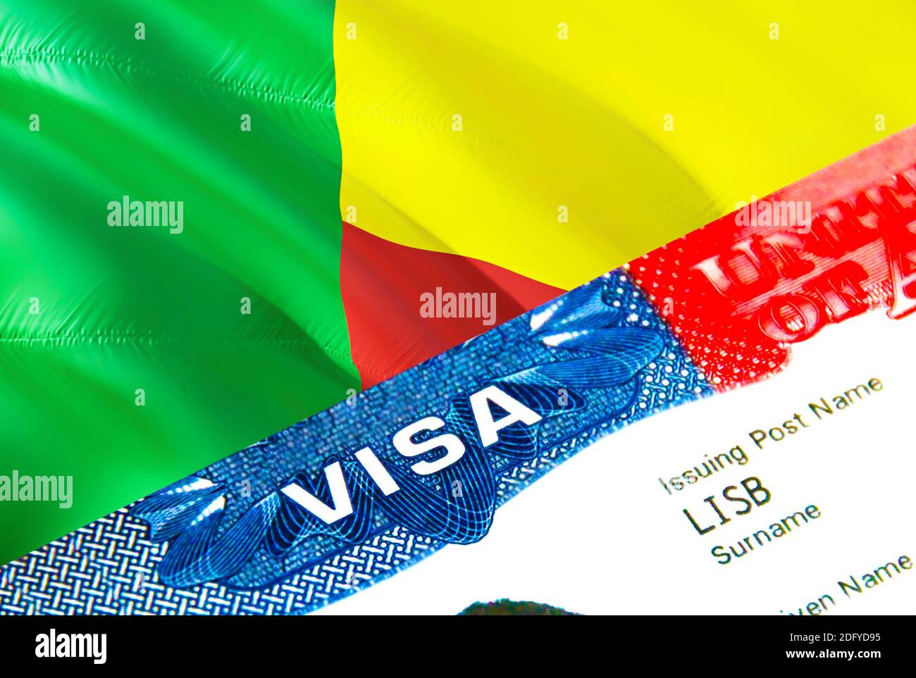 Benin immigration visa. Closeup Visa to Benin focusing on word VISA, 3D ...
