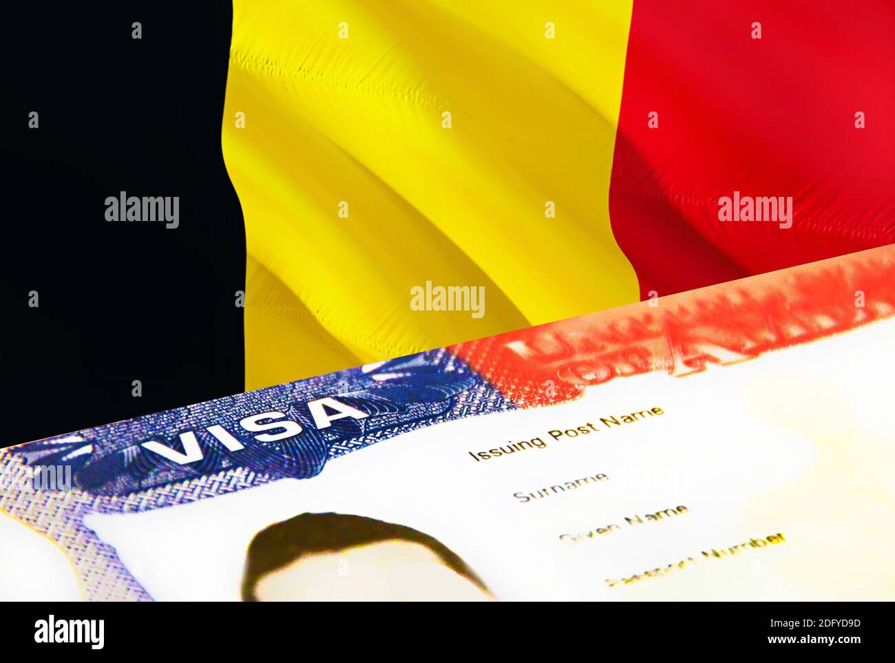 Belgium immigration document close up. Passport visa on Belgium flag ...