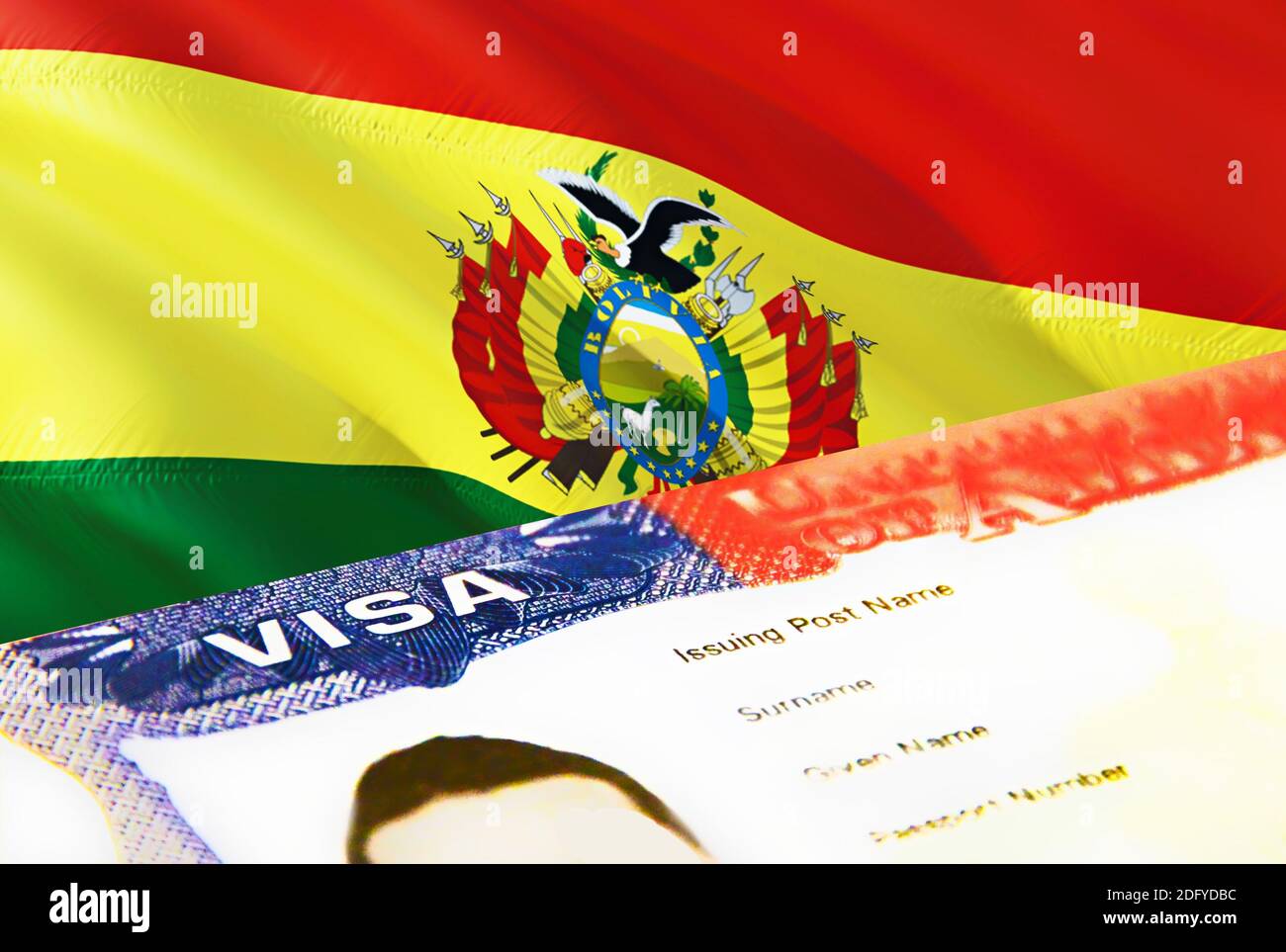 Bolivia immigration document close up. Passport visa on Bolivia flag ...