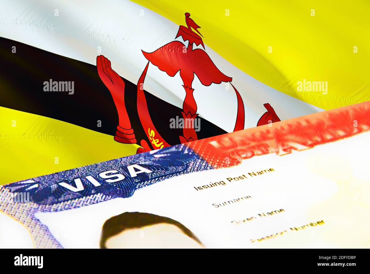 Brunei immigration document close up. Passport visa on Brunei flag ...