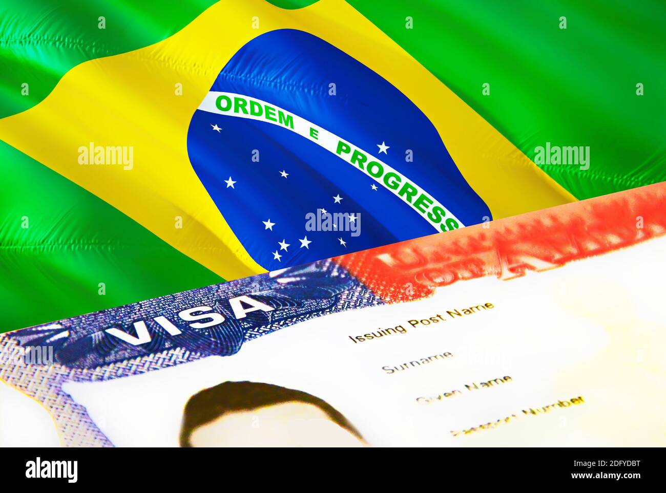 Brazil immigration document close up. Passport visa on Brazil flag ...