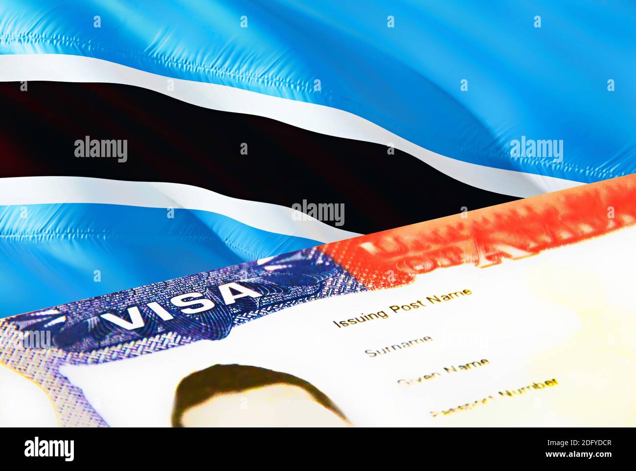 Botswana immigration document close up. Passport visa on Botswana flag ...