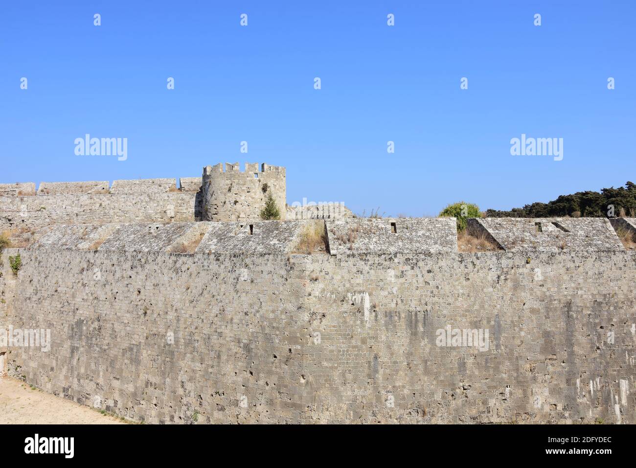 A view of the ancient walls of the old town of Rhodes on the Greek ...
