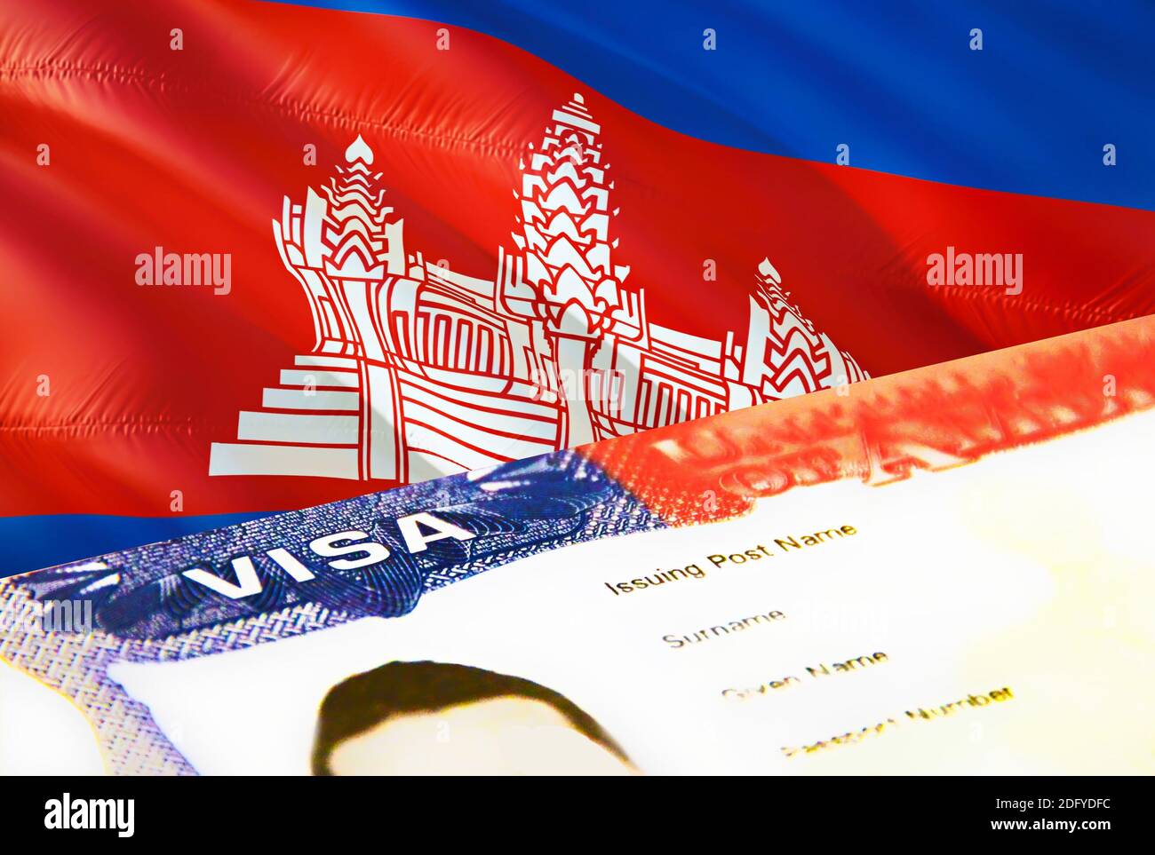 Cambodia immigration document close up. Passport visa on Cambodia flag ...