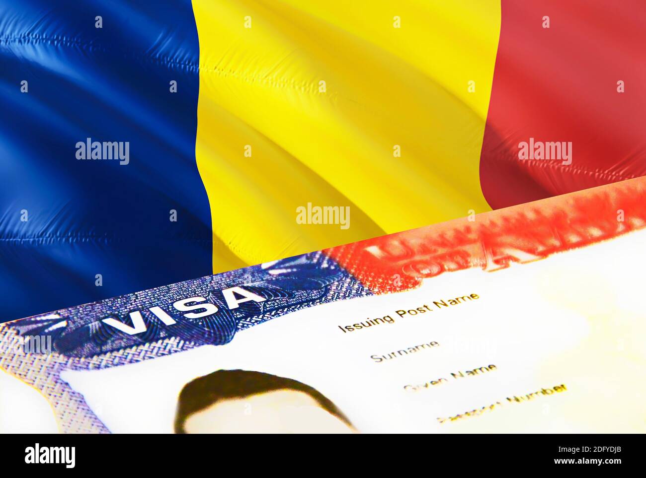 Chad immigration document close up. Passport visa on Chad flag. Chad ...