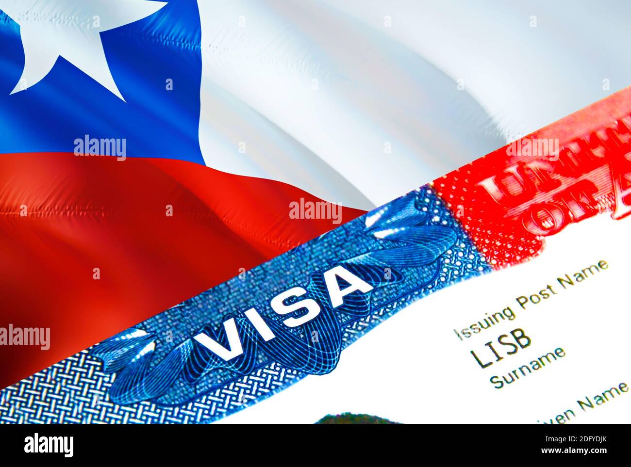 Chile immigration visa. Closeup Visa to Chile focusing on word VISA, 3D ...