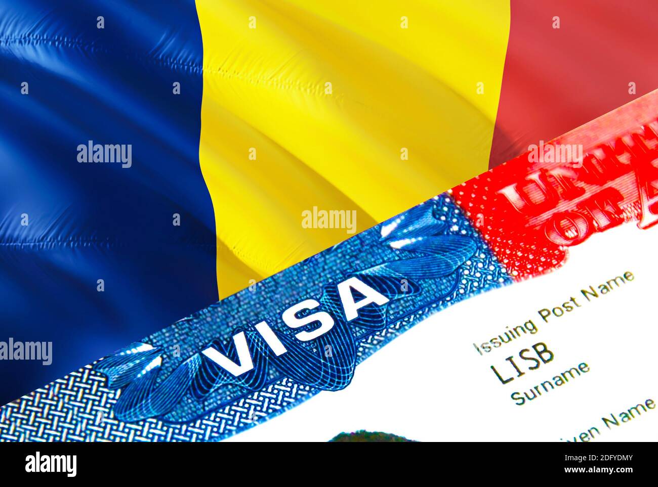 Chad immigration visa. Closeup Visa to Chad focusing on word VISA, 3D ...