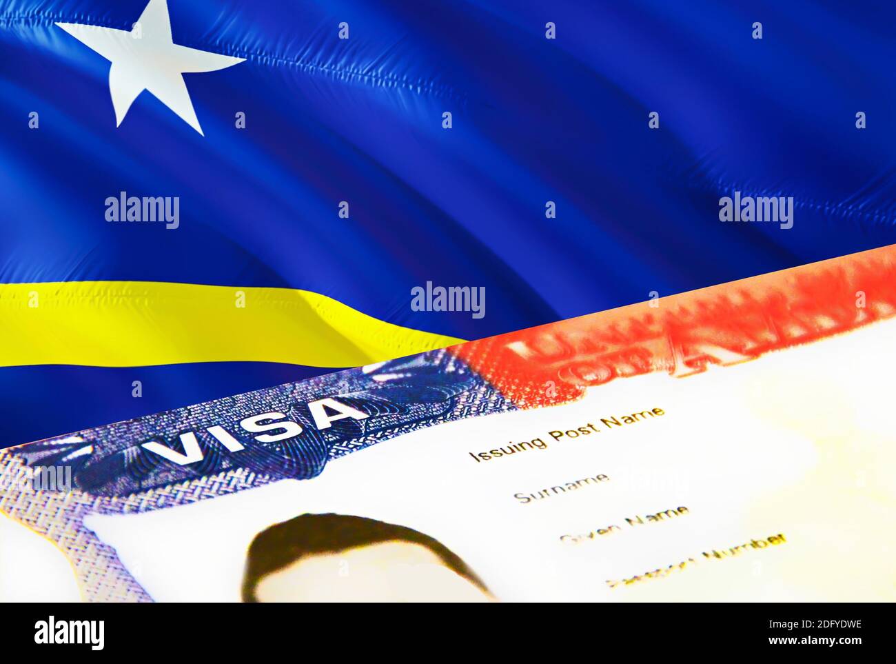 Curacao immigration document close up. Passport visa on Curacao flag ...