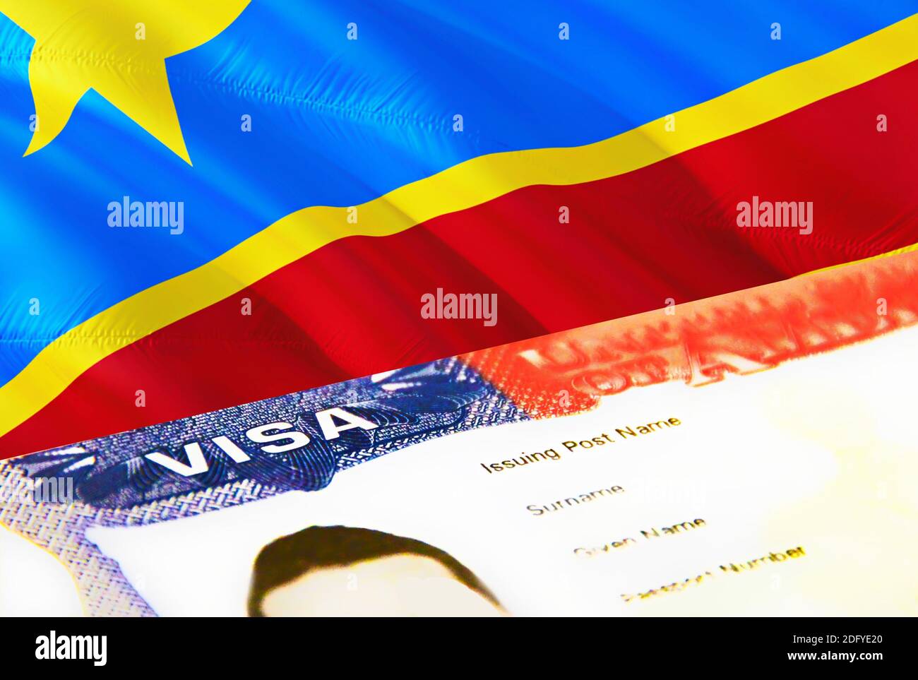 DR Congo immigration document close up. Passport visa on DR Congo flag ...