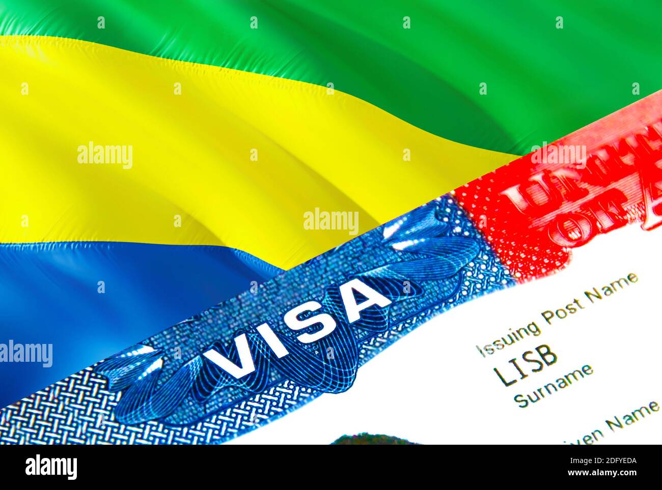 Gabon immigration visa. Closeup Visa to Gabon focusing on word VISA, 3D ...