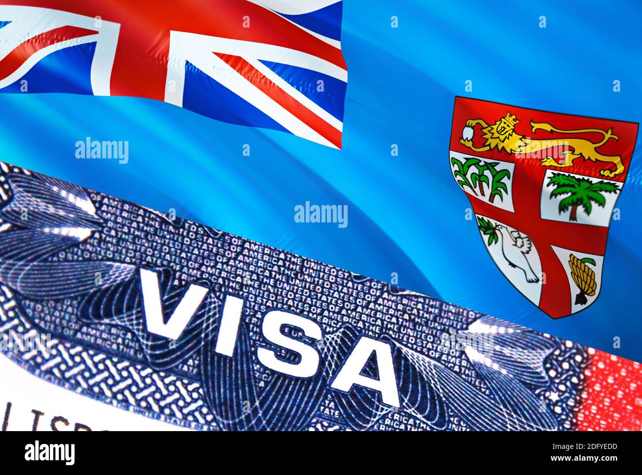 Fiji Visa Document, with Fiji flag in background. Fiji flag with Close ...