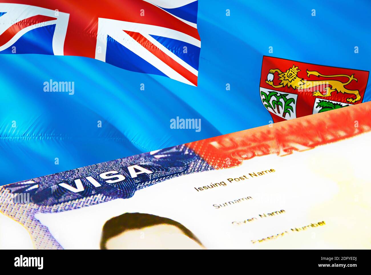 Fiji immigration document close up. Passport visa on Fiji flag. Fiji ...