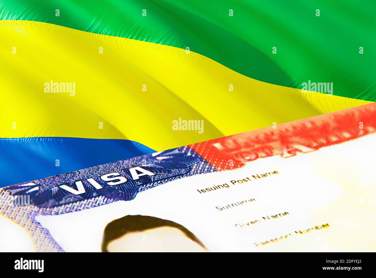 Gabon immigration document close up. Passport visa on Gabon flag. Gabon ...