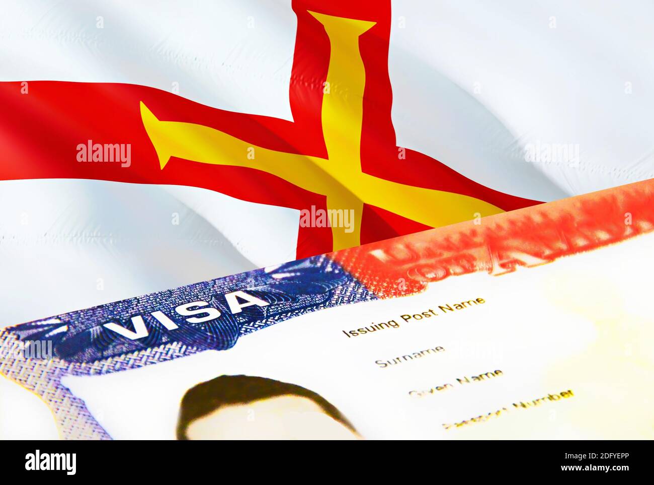 Guernsey immigration document close up. Passport visa on Guernsey flag ...