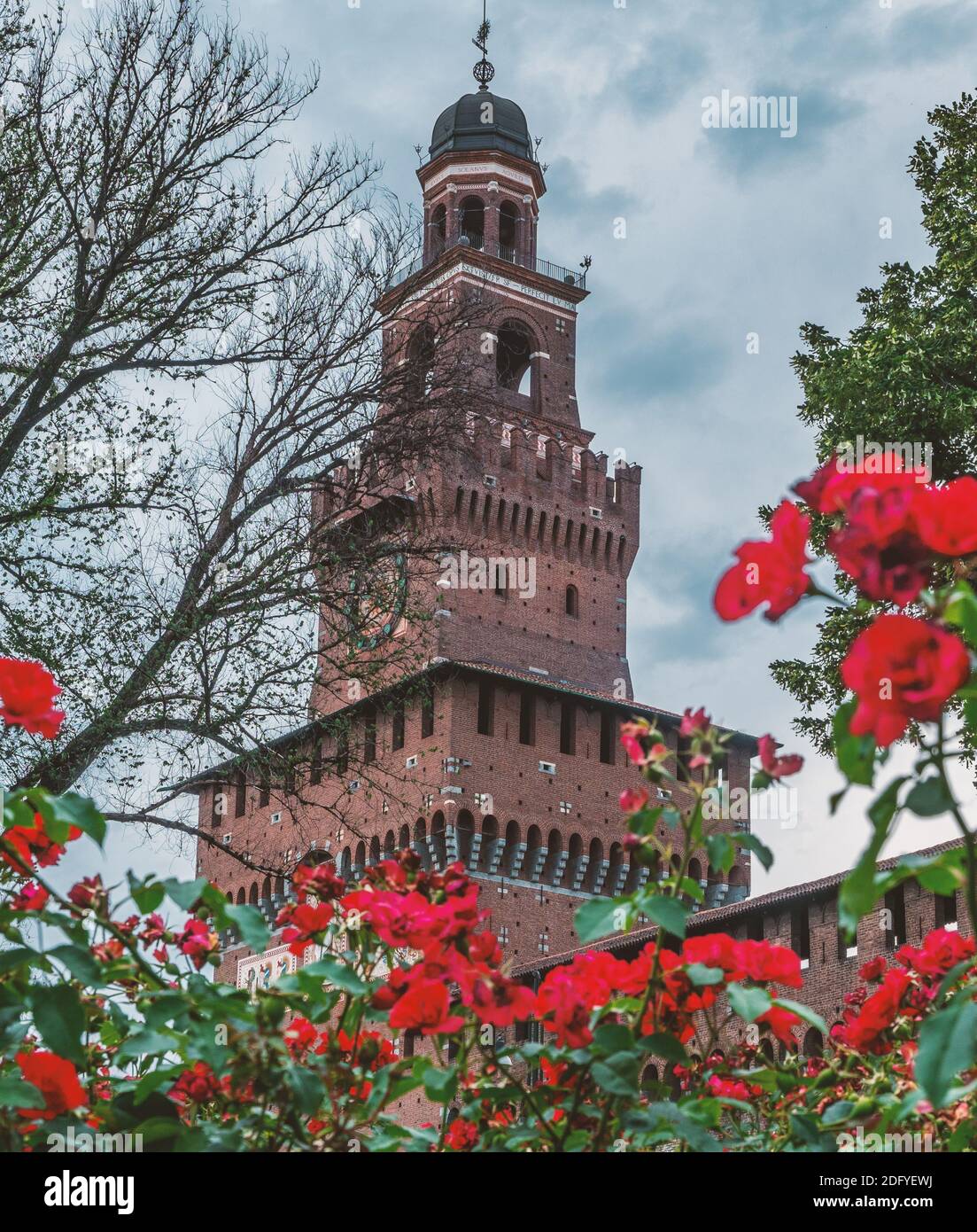 flower gardens around Sforza Castle, foreground of Filarete Tower ...