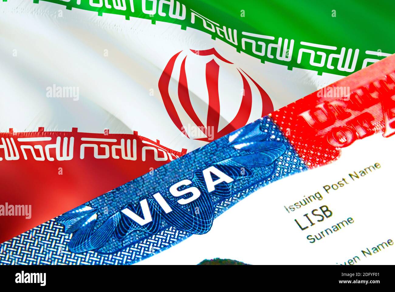 Iran immigration visa. Closeup Visa to Iran focusing on word VISA, 3D ...