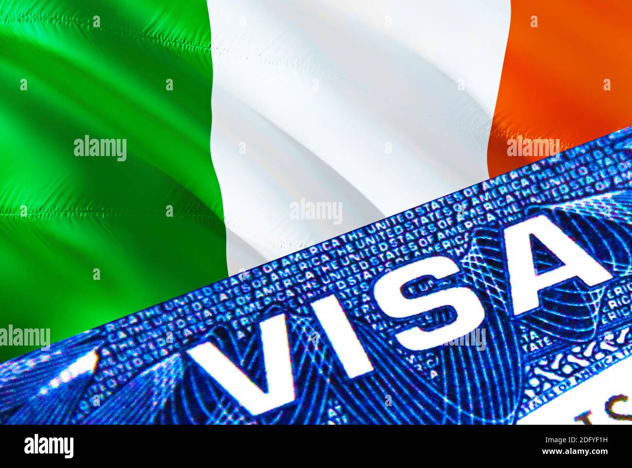 Ireland visa document close up. Passport visa on Ireland flag. Ireland ...