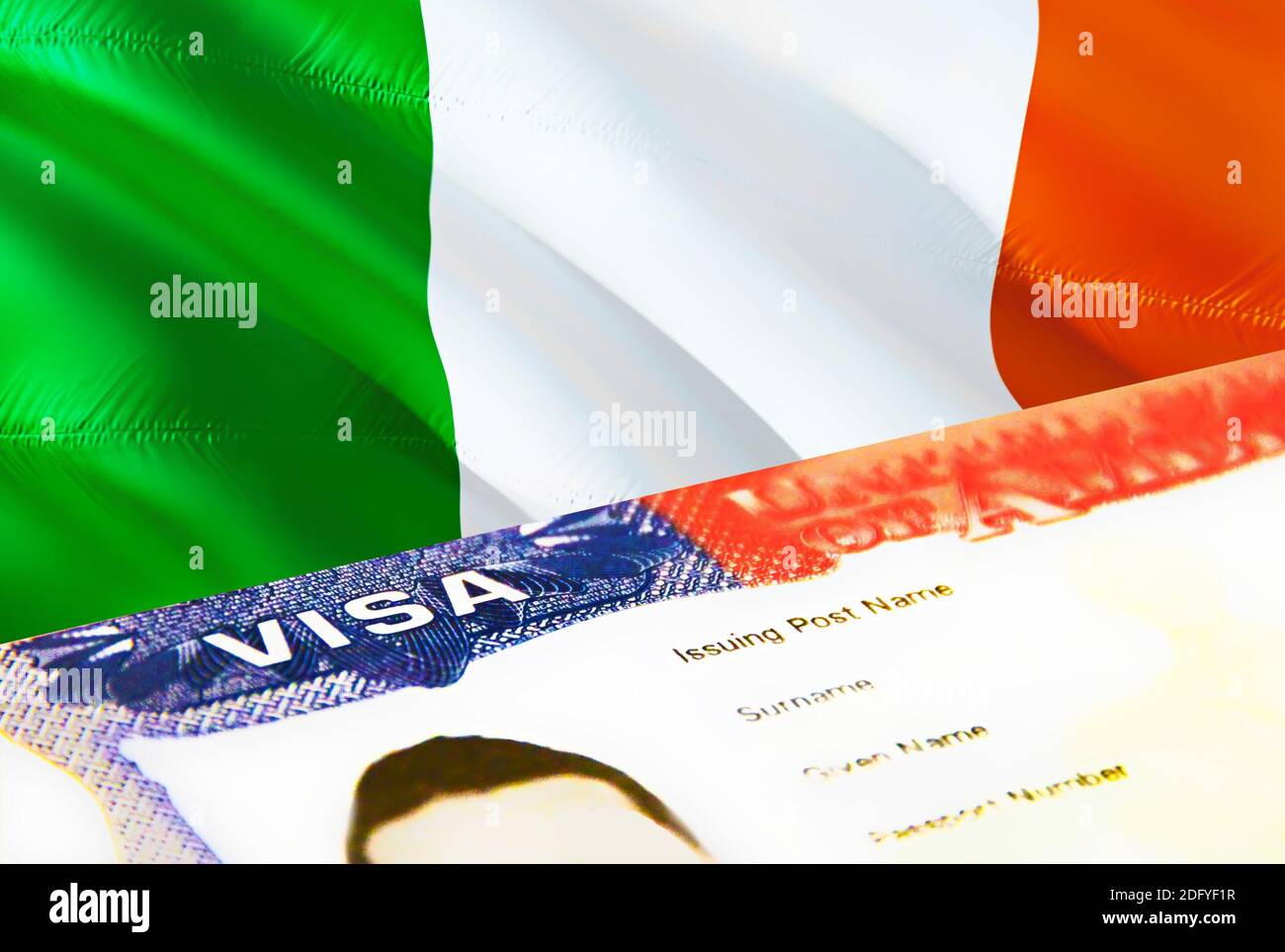 Ireland immigration document close up. Passport visa on Ireland flag ...
