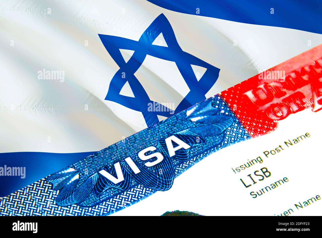 Israel immigration visa. Closeup Visa to Israel focusing on word VISA ...