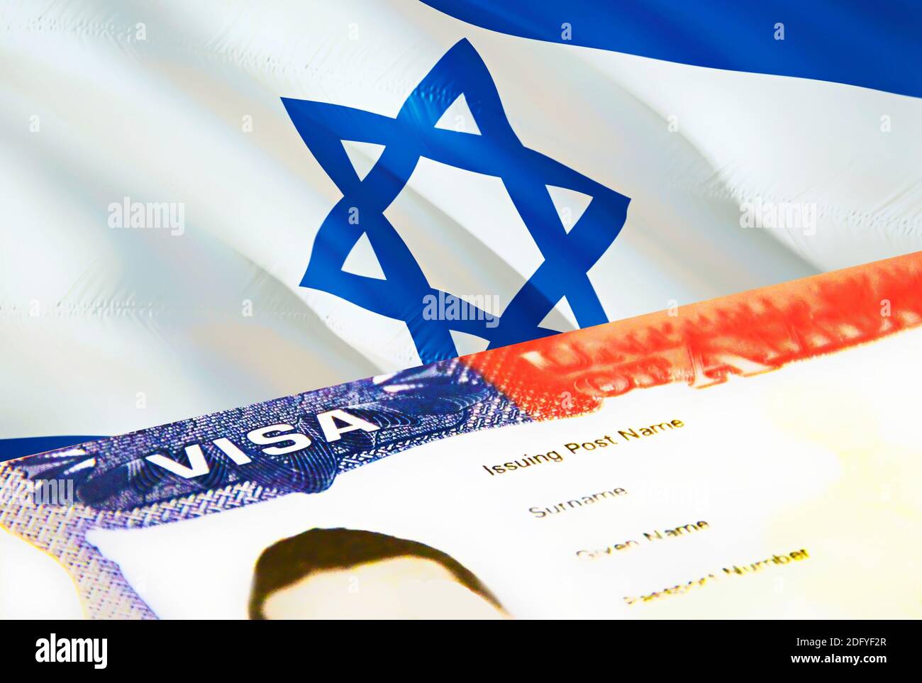 Israel immigration document close up. Passport visa on Israel flag ...