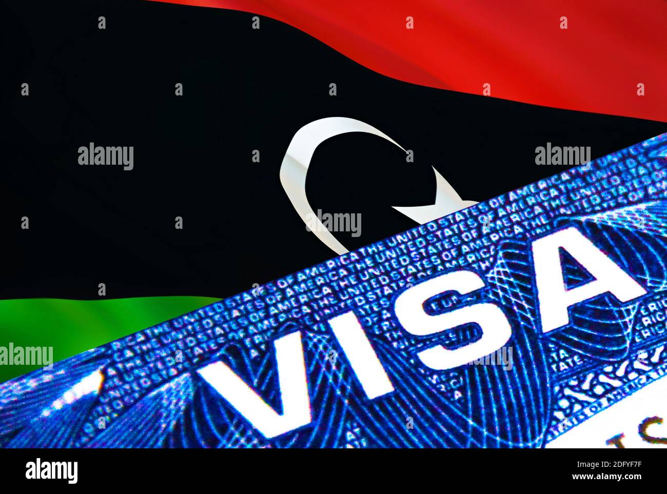 Libya visa document close up. Passport visa on Libya flag. Libya ...