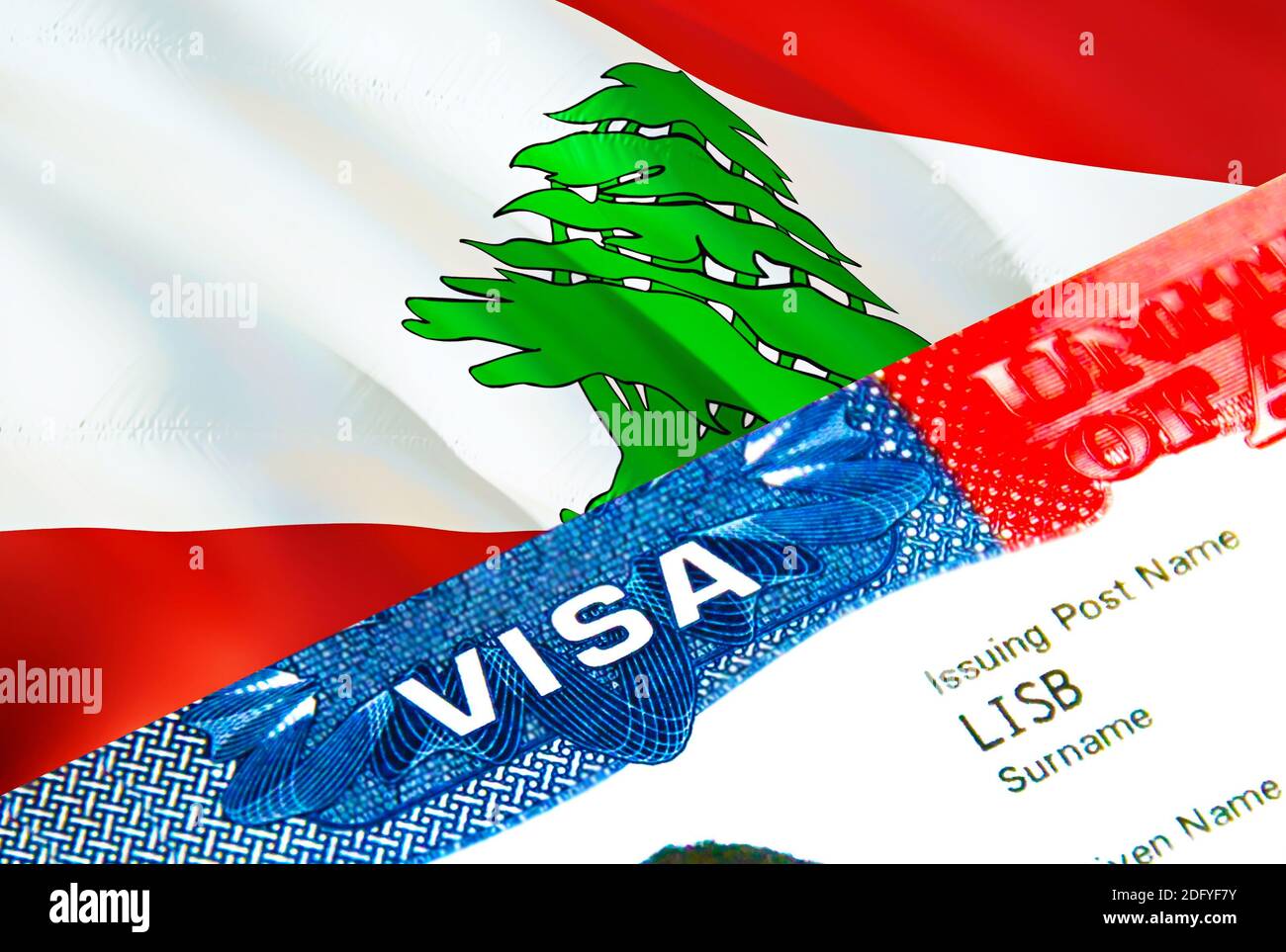 Lebanon immigration visa. Closeup Visa to Lebanon focusing on word VISA ...