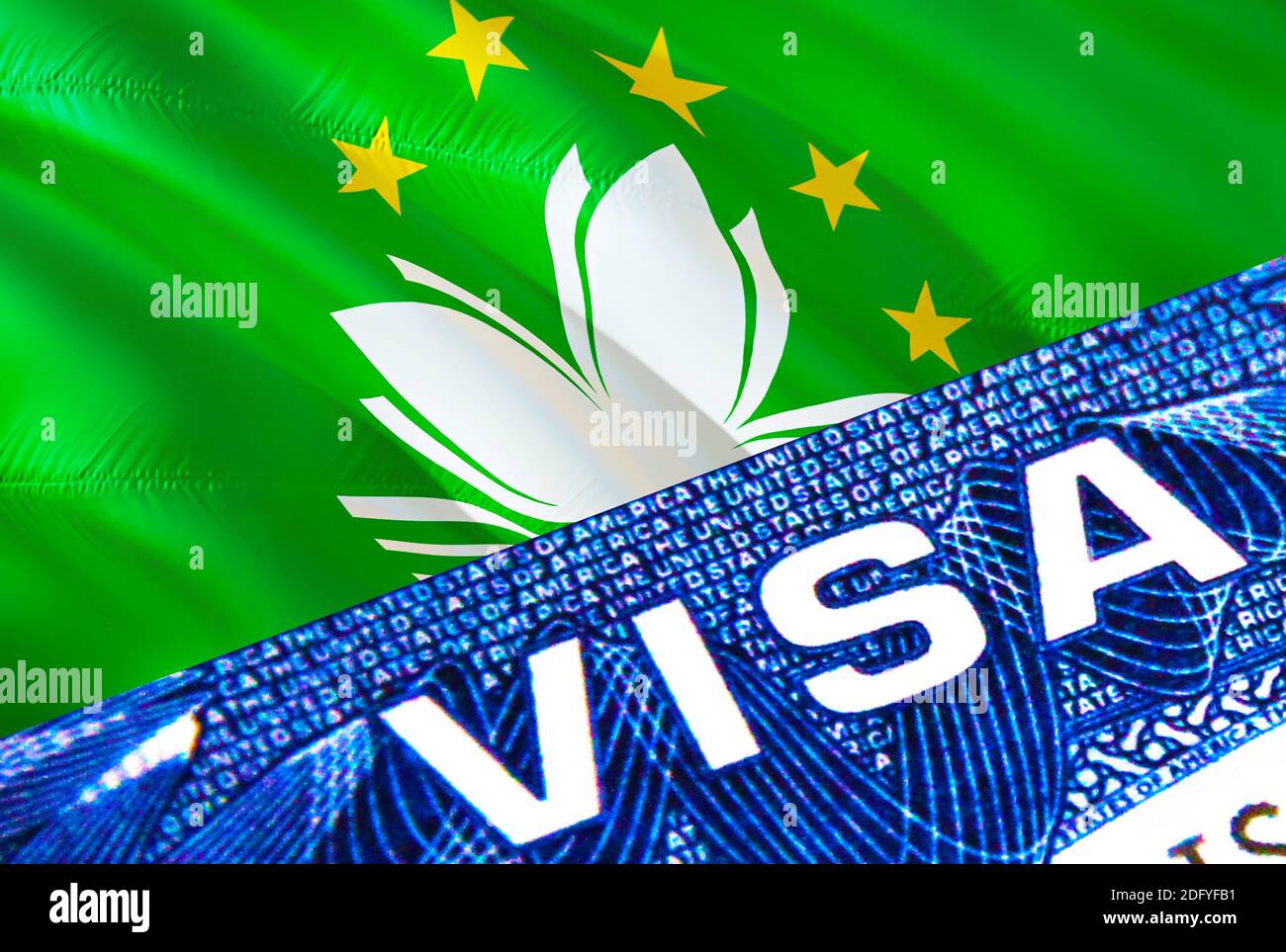 Macau visa document close up. Passport visa on Macau flag. Macau ...