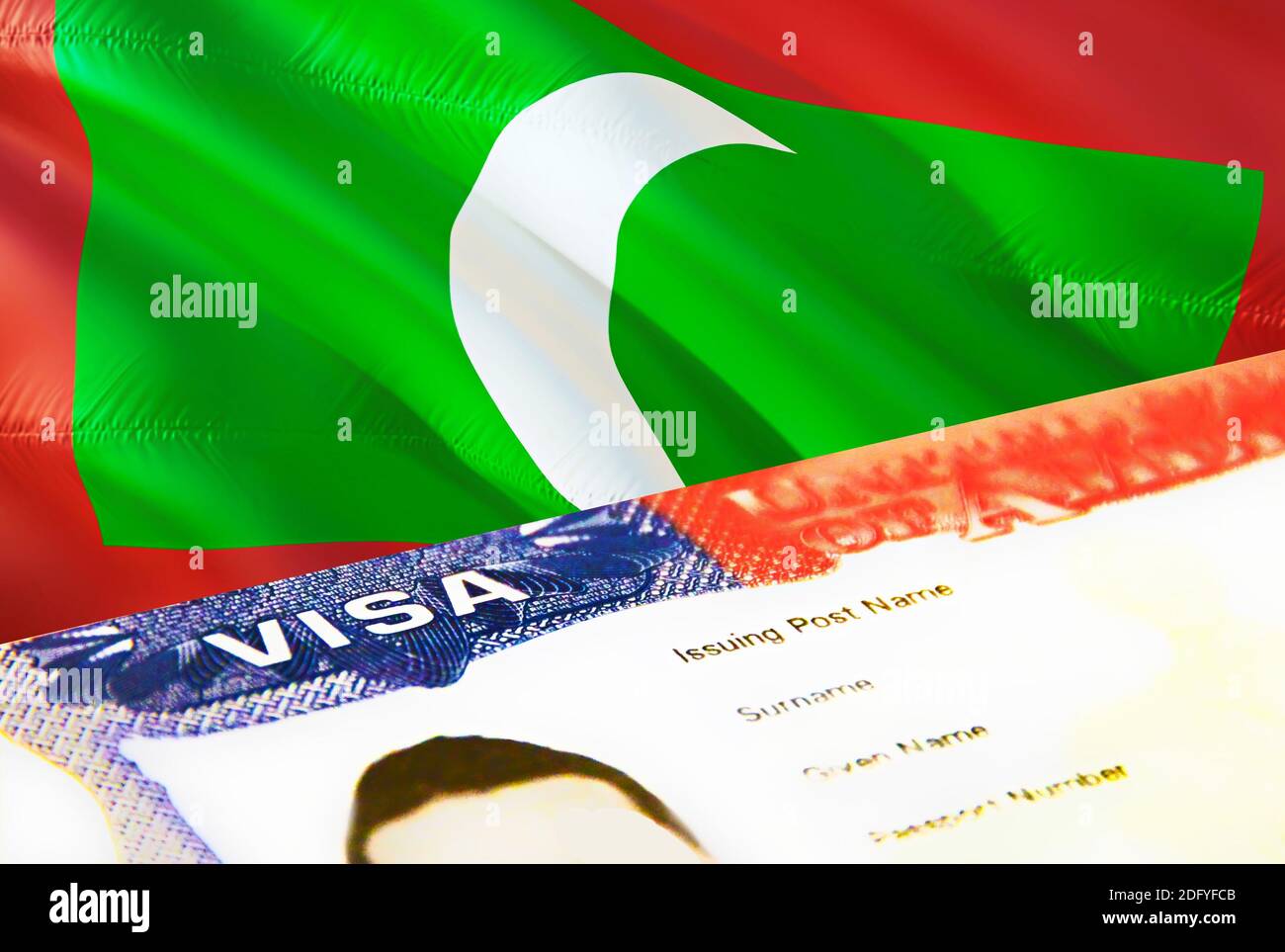 Maldives immigration document close up. Passport visa on Maldives flag ...